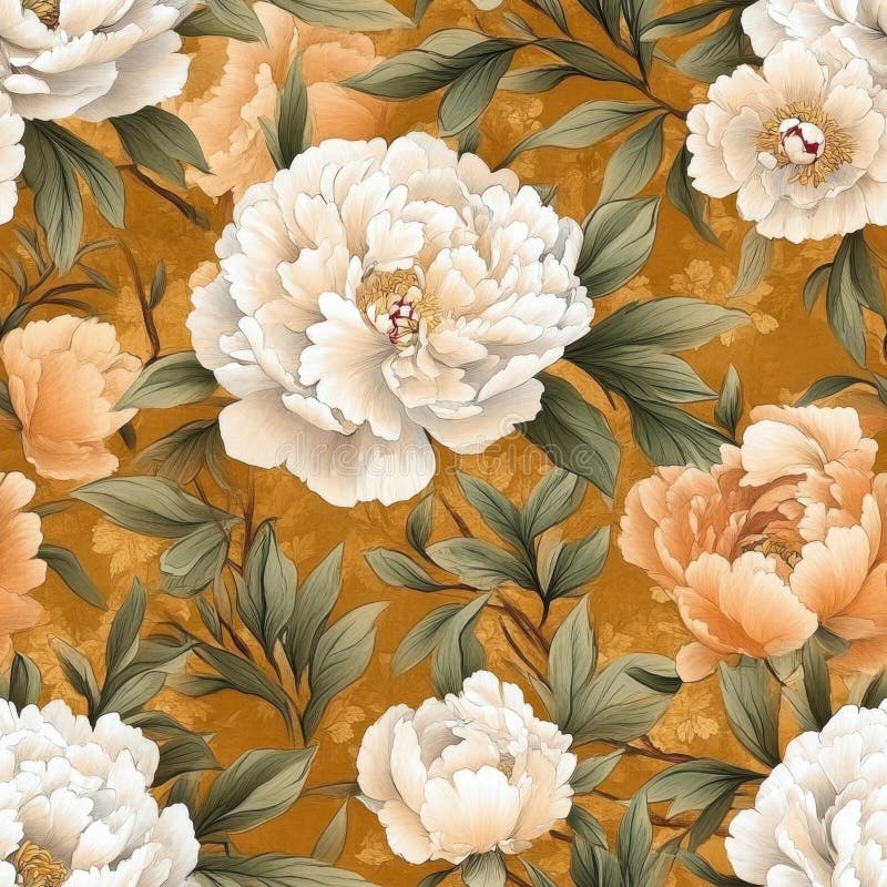 Elegant Vintage Peony Pattern on Warm Golden Background Stock Image ...