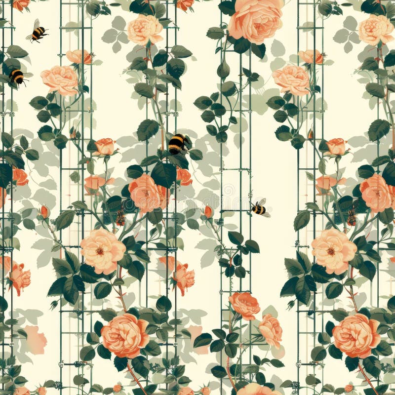 Elegant Vintage Rose and Bee Pattern Wallpaper Design Stock Photo - Image of elegance ...