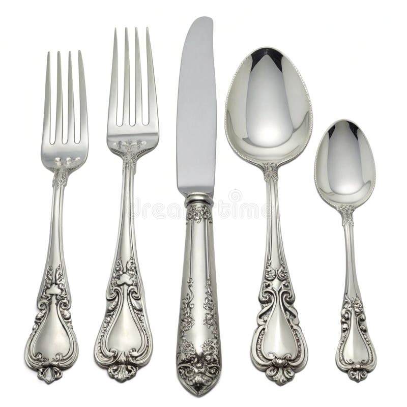 Elegant Vintage Silverware Set Isolated on White Background Stock ...