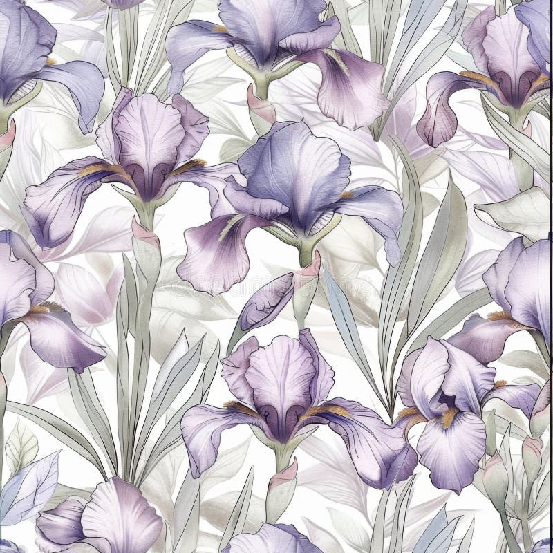 Elegant Vintage Watercolor Iris Flowers Seamless Pattern Stock Image ...