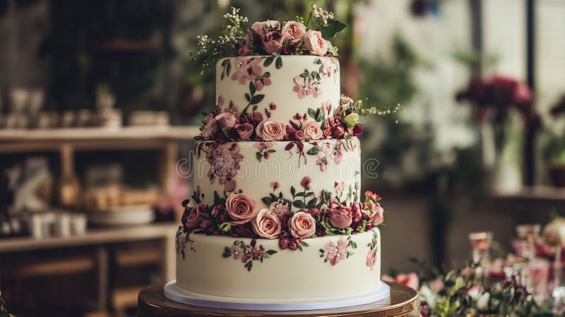 Elegant Vintage Wedding Cake with Floral Decorations on Display Stock ...