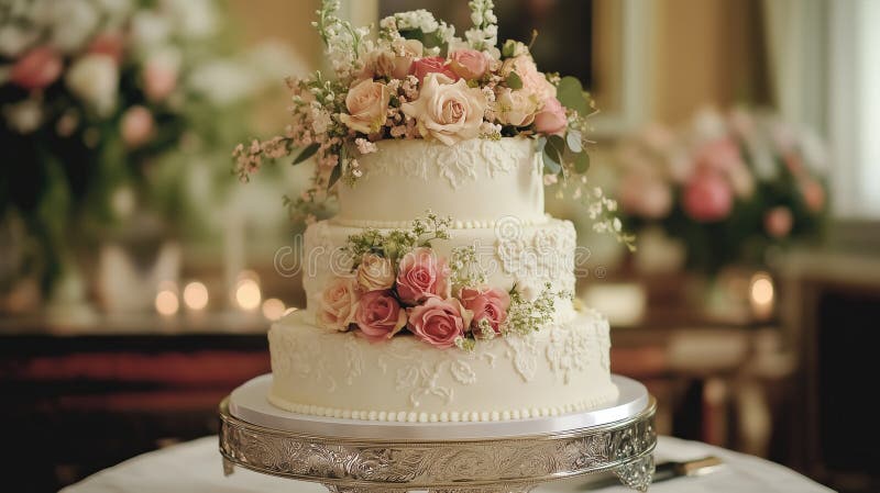 Elegant Vintage Wedding Cake with Floral Decorations on Display Stock ...
