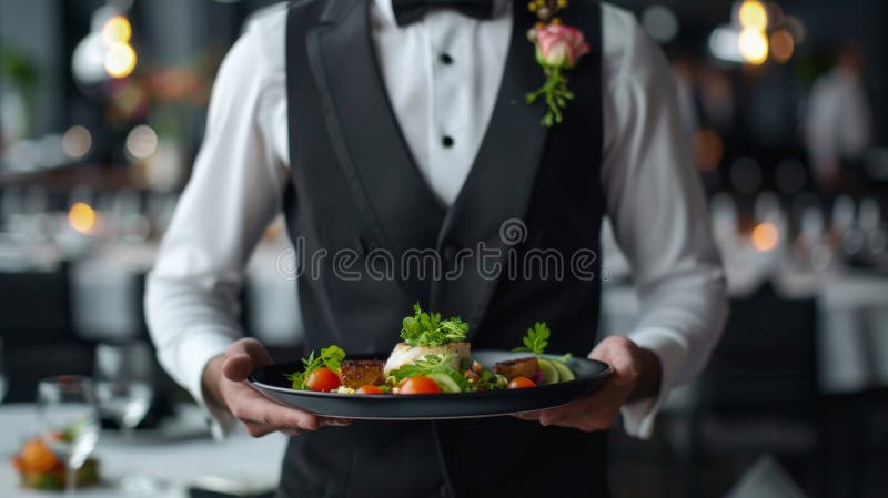 Elegant Waiter in Formal Attire Presenting Artfully Crafted Dishes in a ...