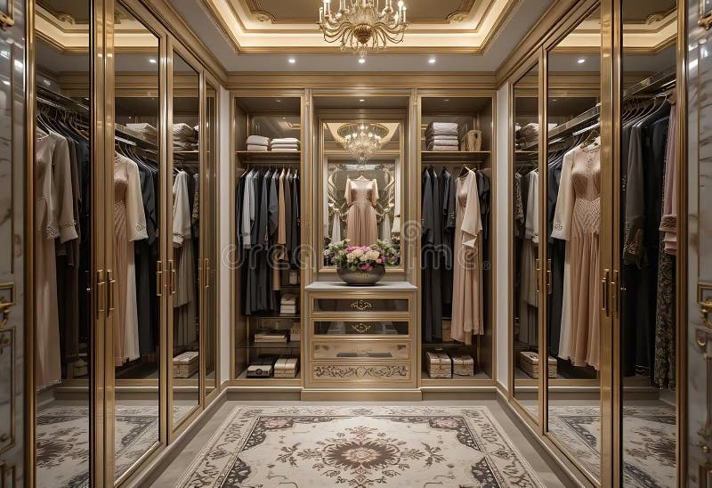 Elegant Walk-in Closet Design with Clothing and Decorative Rug Stock ...