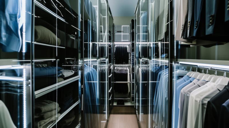 Elegant Walk-in Closet with LED Rails Stock Image - Image of ...