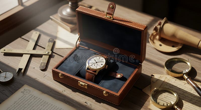 Elegant Watch Presentation in Leather Case Stock Illustration ...