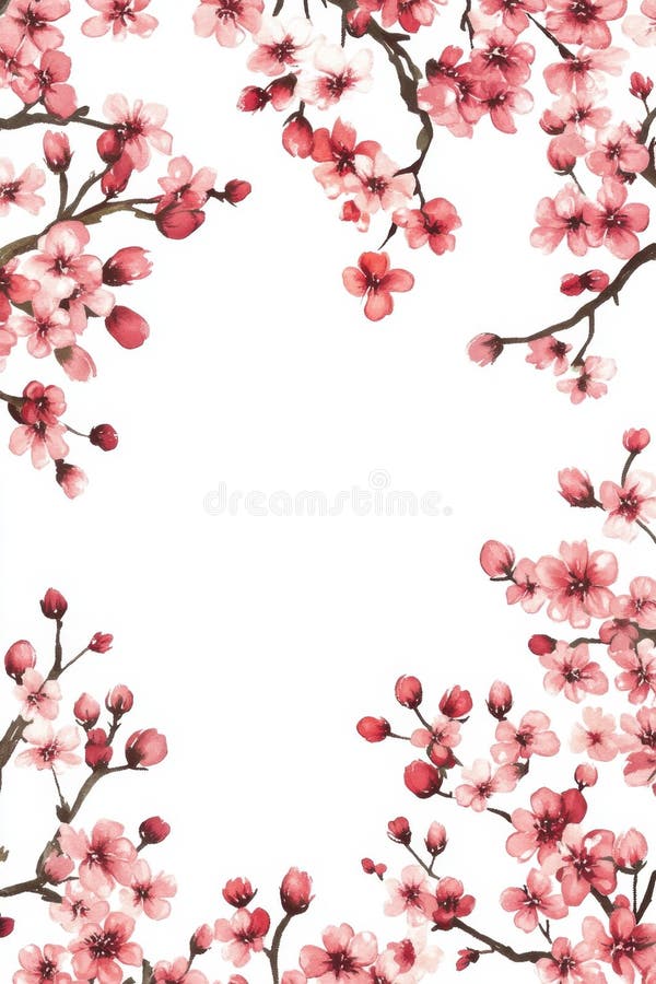 Elegant Watercolor Cherry Blossom Border on White Background for Design ...