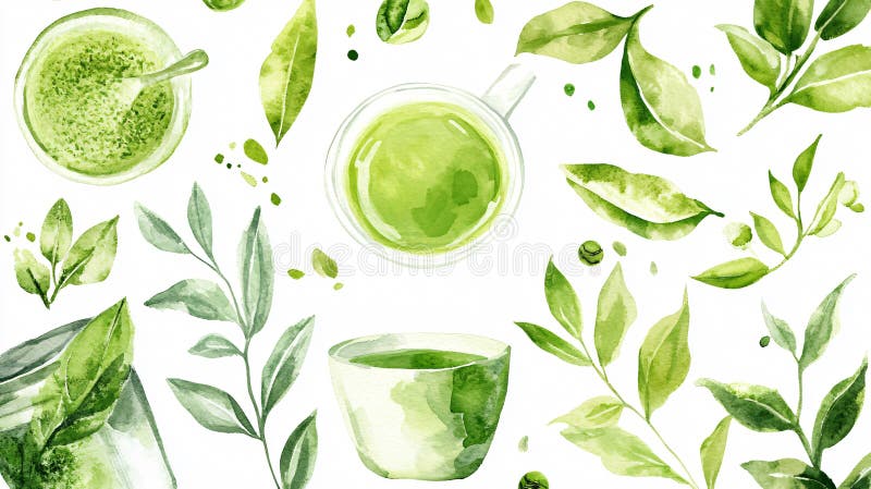 Elegant Watercolor Matcha Green Tea Leaves Botanical Elements Stock ...