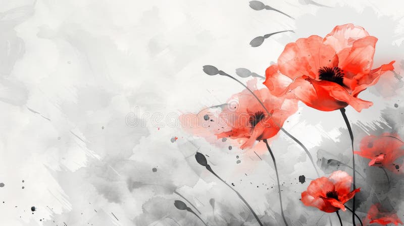Elegant Watercolor Red Poppies on Grayscale Background Stock Image ...
