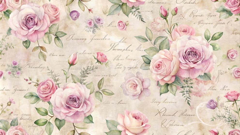 Elegant Watercolor Roses and Vintage Script Seamless Pattern ...