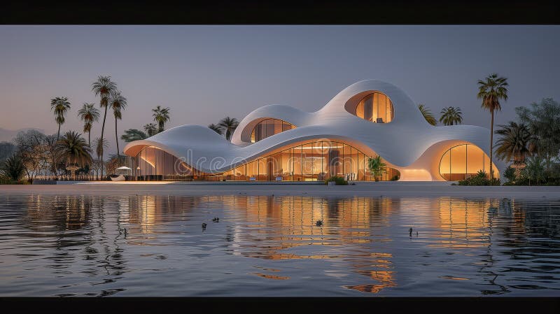 Modern Wave-Shaped House with Reflections at Sunset Stock Illustration ...