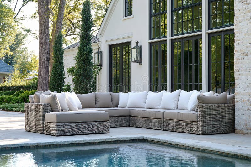 Elegant Weather Resistant Outdoor Sofa by Poolside in Bright Daylight ...