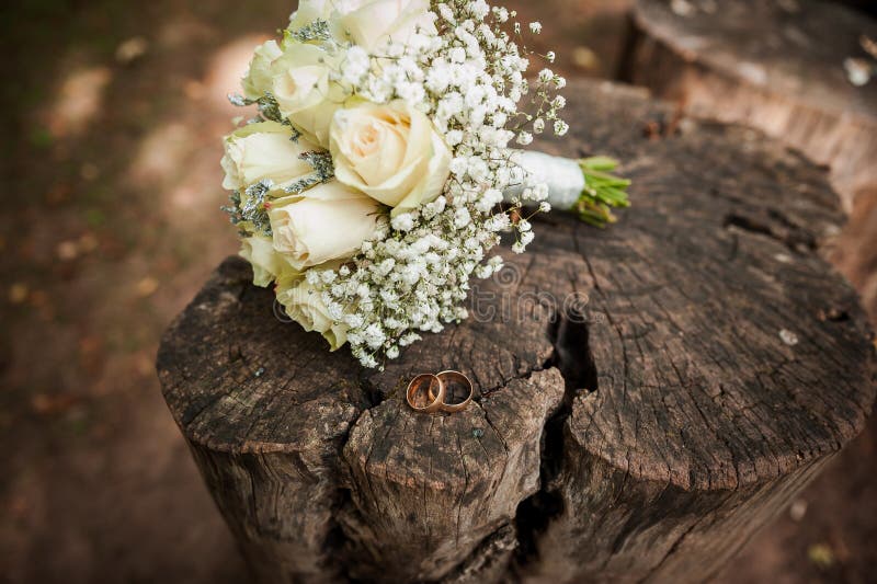 Elegant Wedding Bouquet and Rings on Rustic Log Stock Photo - Image of ...