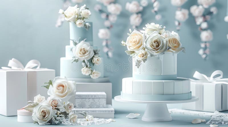 Elegant Wedding Cakes with Floral Decorations on Display Stock ...