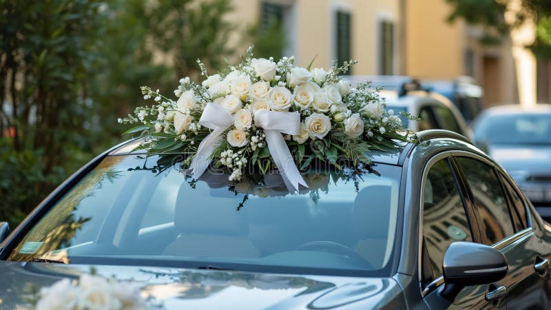 Elegant Wedding Car Decor, White Roses & Ribbons on Car Windshield ...