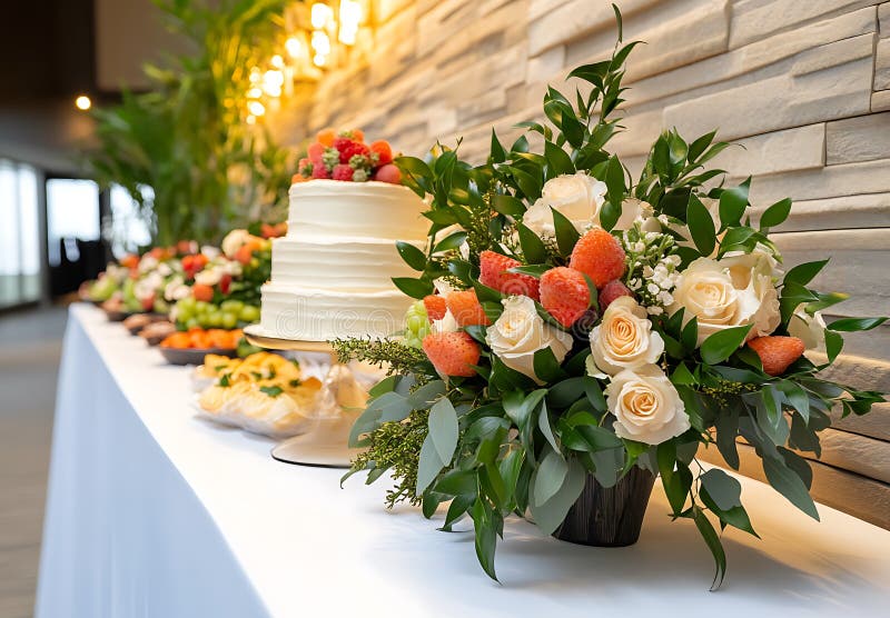Elegant Wedding Dessert Buffet with Fresh Flowers and Cake Stock ...