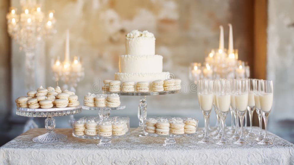 Elegant Wedding Dessert Table with White Cake and Macarons Stock ...