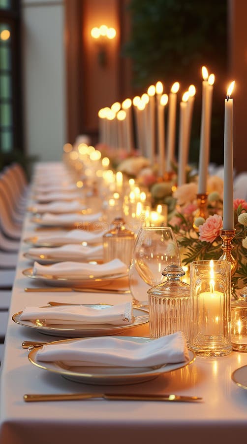 Elegant Wedding Dining Table Setup with Candles and Floral Decor Stock ...