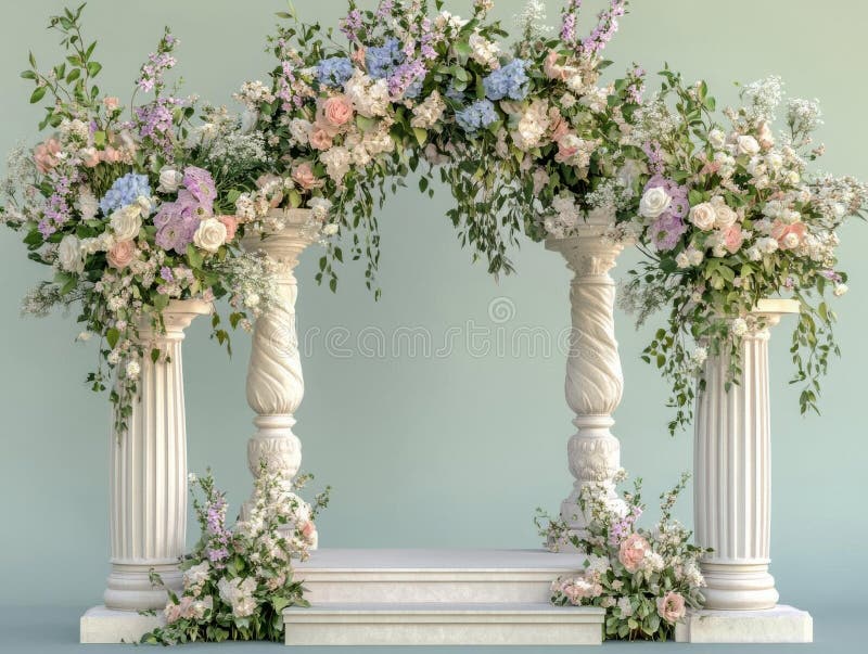 Elegant Wedding Floral Arch with White Columns Stock Photo - Image of ...