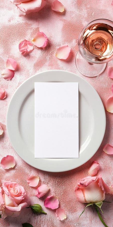 Elegant Wedding Invitation Design on Plate with Pink Roses and Wine ...