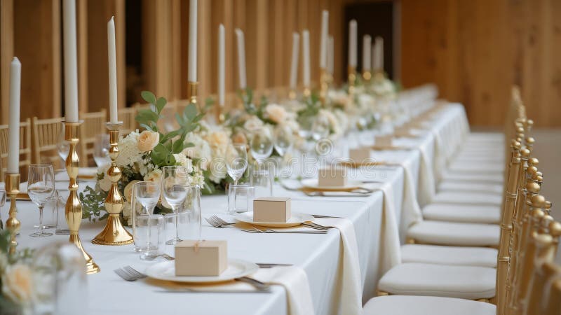 Elegant Wedding Long Table Setting, White Linen, Brass Candlesticks ...