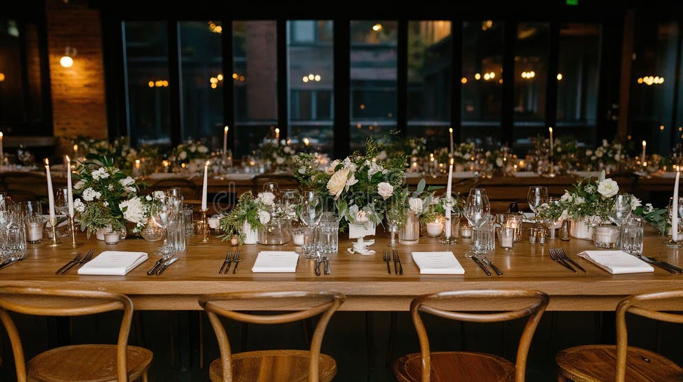 Elegant Wedding Reception Dinner Long Table City View Stock Image ...