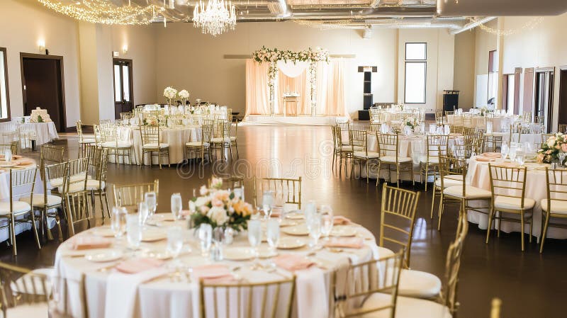Elegant Wedding Reception Hall with Round Tables and Gold Chairs Setup ...