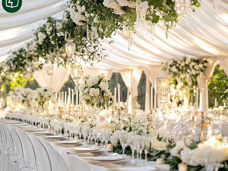Elegant Wedding Reception Setup Under Canopy with White Flowers and ...
