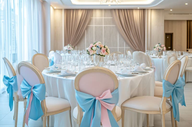 Elegant Wedding Reception Table Setting with Blue and Pink Bows Stock ...