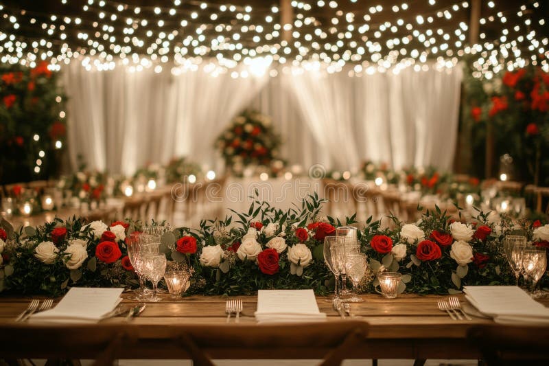Elegant Wedding Reception Table Setting Decorated with Red and White ...