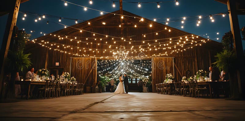 Elegant Wedding Reception Under Twinkling String Lights in Rustic Barn ...