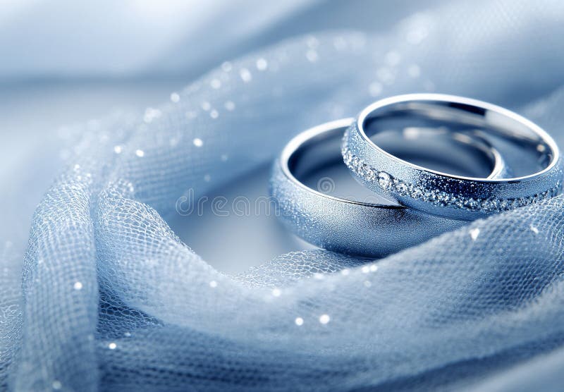 Elegant Wedding Rings on Blue Fabric Closeup High Quality Image Stock ...