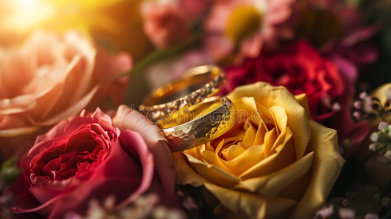 Elegant Wedding Rings with Decorated Hall in the Backdrop Stock ...