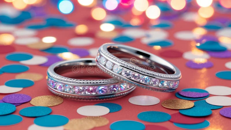 Elegant Wedding Rings on Glittering Confetti Background. Stock Photo ...