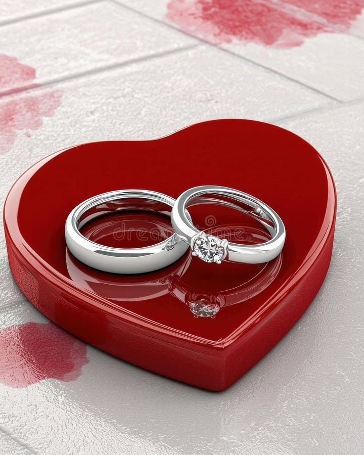 Elegant Wedding Rings on Red Heart Shaped Box, Symbolizing Love and ...