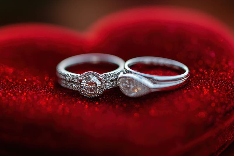 Elegant Wedding Rings on Red Velvet Heart, Symbolizing Love and ...