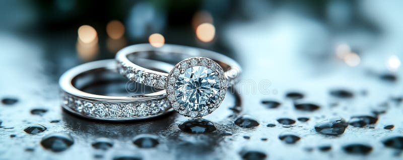 Elegant Wedding Rings, Sparkling Diamonds on a Wet Surface, Perfect for ...