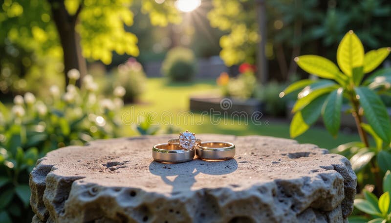 Elegant Wedding Rings on Stone Pedestal in Garden, Love and Commitment ...