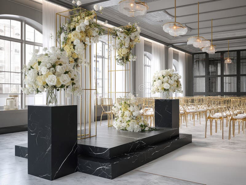 Elegant Wedding Stage Design with a Large, Dark Marble Base and an ...