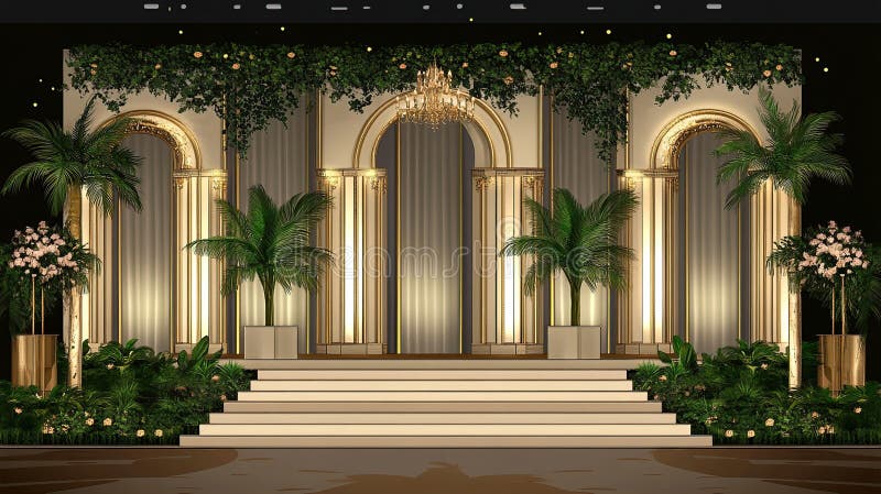 Elegant Wedding Stage Design, Lush Greenery Backdrop, Indoor Event ...