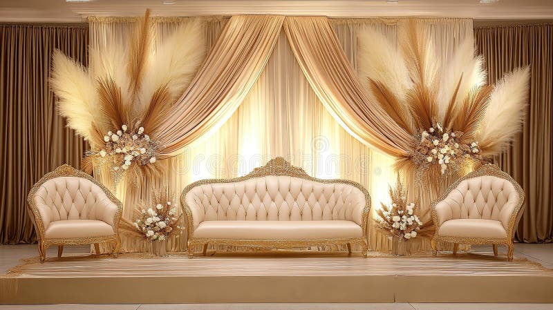 Elegant Wedding Stage Setup, Ballroom, Pampas Grass, Ceremony Stock ...