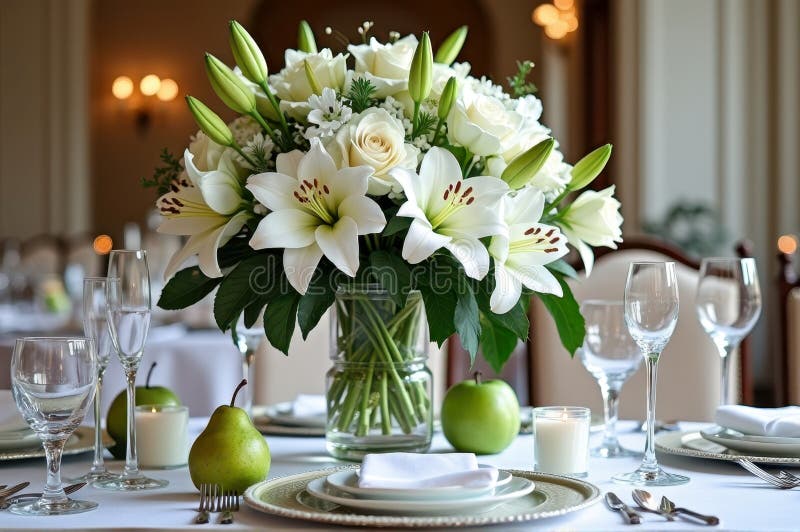 Elegant Wedding Table Setting with White Flower Bouquet and Green ...
