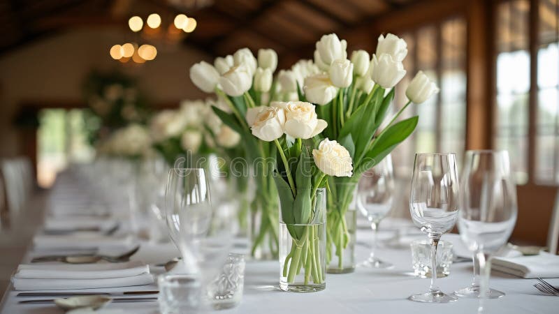 Elegant Wedding Table Setting, White Roses & Tulips in Clear Vases ...