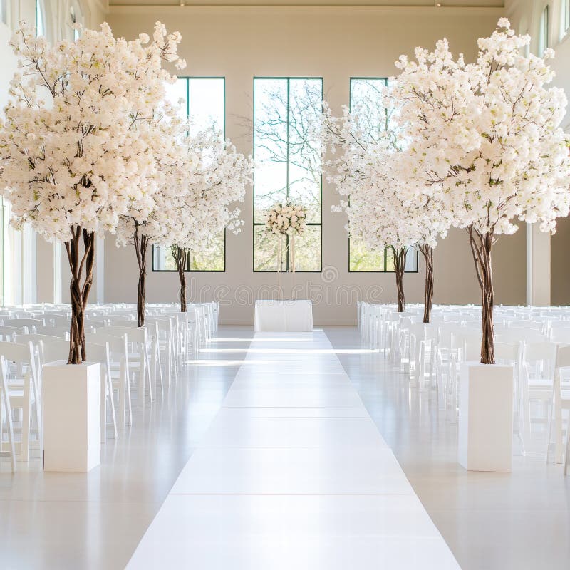 Elegant Wedding Venue with Cherry Blossom Trees and White Aisle Stock ...