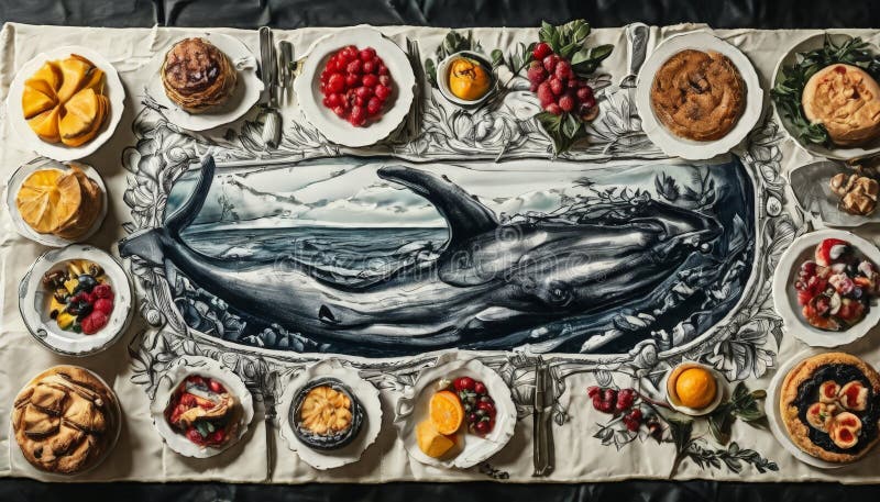 Elegant Whale-themed Table Setting with Various Desserts Stock Image ...