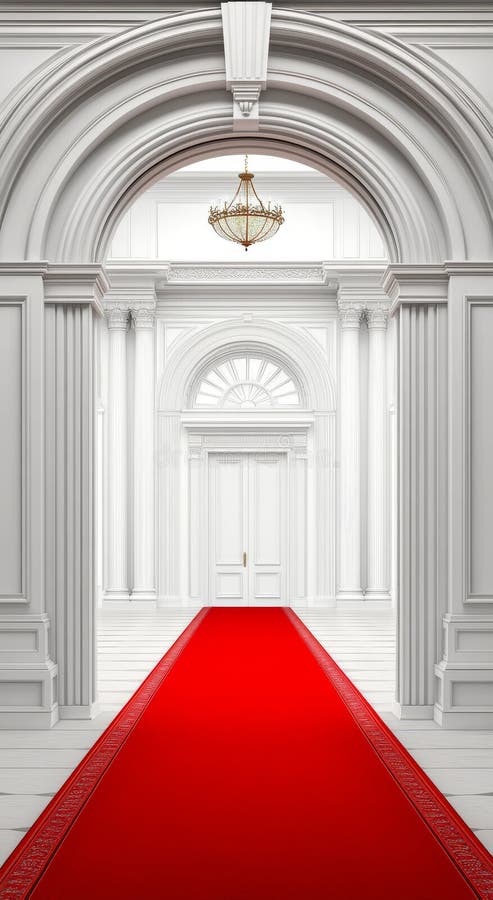 Through the Elegant White Arched Hallway, a Red Carpet is Laid Stock ...