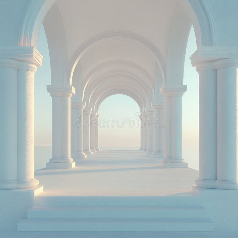 Elegant White Architectural Arcade Perspective with Columns and Arches ...