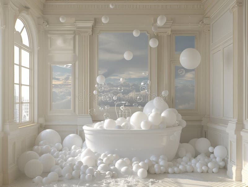 Elegant White Bathroom with Bubbles and Classical Windows Stock Photo ...