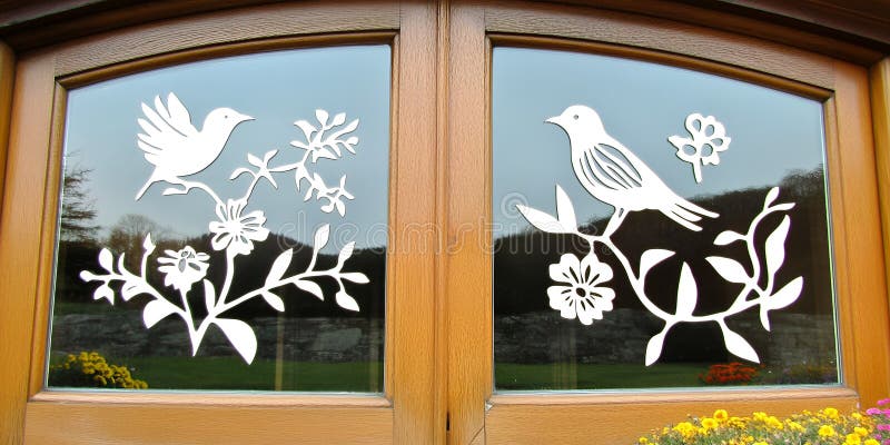 Elegant White Bird and Floral Window Decals on Wooden Frame Stock ...
