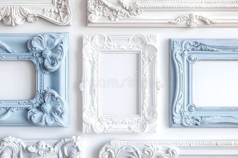 Elegant White and Blue Ornate Picture Frames on Wall Display Stock ...
